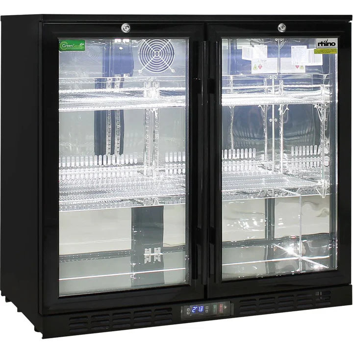 RHINO LG Compressor Alfresco Glass heated Door 208L Black Bar Fridge S